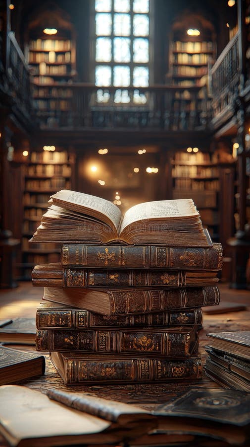 A Towering Stack of Books in a Library Stock Illustration ...
