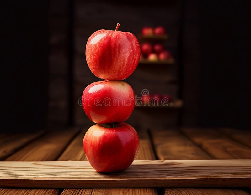A Towering Stack of Apples Balanced Precariously on a Wooden Plank ...