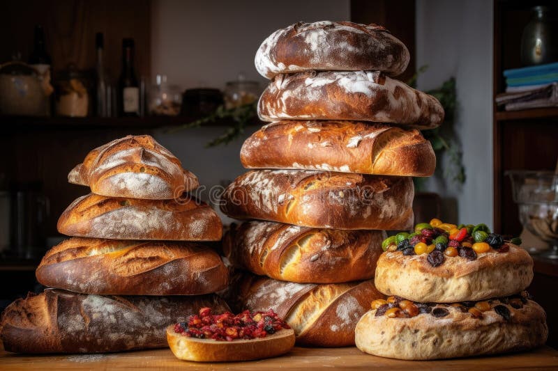 Towering Stack of Artisan Breads, with Each Slice Cut Perfectly and ...