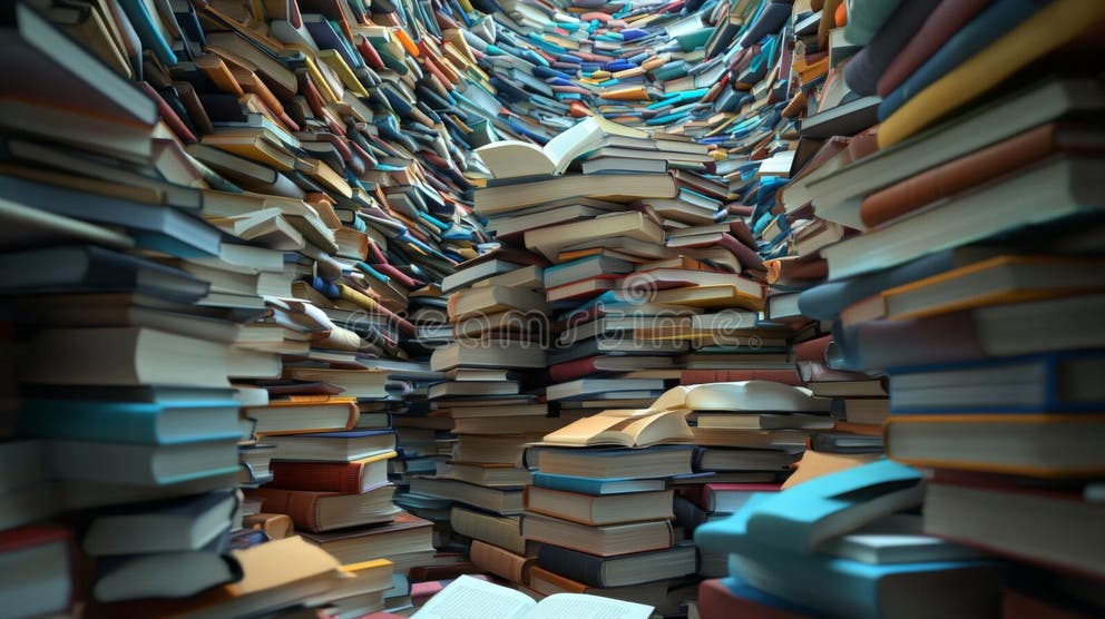 A Towering Stack of Books in a Library Stock Illustration ...