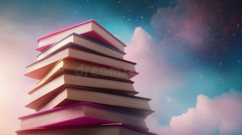 A Towering Stack of Books Reaches Toward a Dreamy, Starry Sky, AI Stock ...