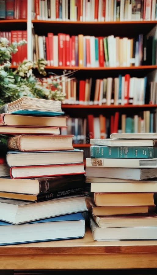 Towering Stack of Books on Table, with Blurred Bookshelves of ...