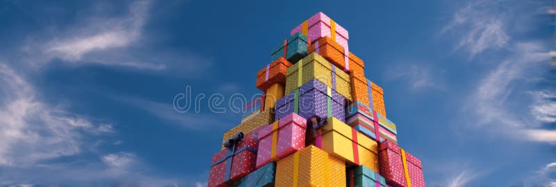 Colorful Tower of Gift-Wrapped Packages Against a Vibrant Blue Sky ...
