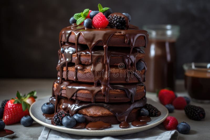 Towering Stack of Chocolate Sponge Cakes, Drizzled with Chocolate ...