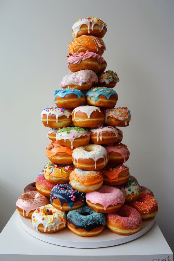 A Towering Stack of Colorful Donuts with Various Icings and Sprinkles ...