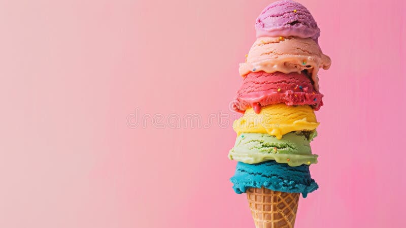 Towering Stack of Colorful Ice Cream Scoops Dripping on a Cone Against ...