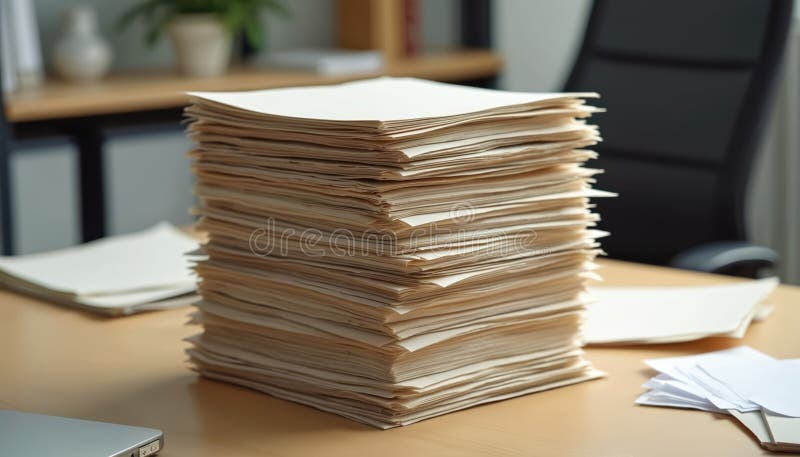 Towering Stack Document Papers on Wooden Office Desk. Paperwork ...