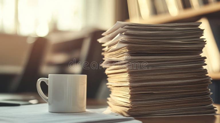 Towering Stack of Documents beside a Coffee Mug in a Sunlit Office ...