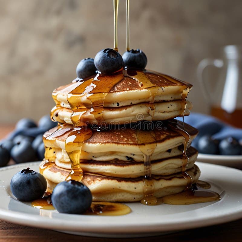 A Towering Stack of Fluffy Blueberry Pancakes Drizzled with Maple Syrup ...