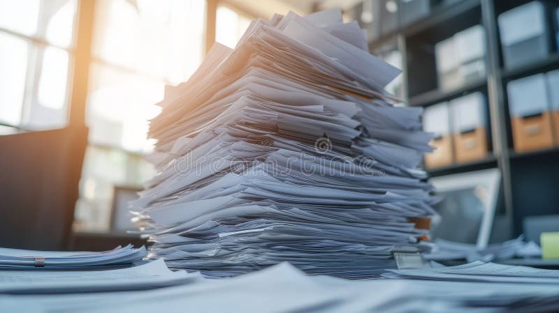 Towering Stack of Office Papers in Sunlit Workspace Stock Illustration ...