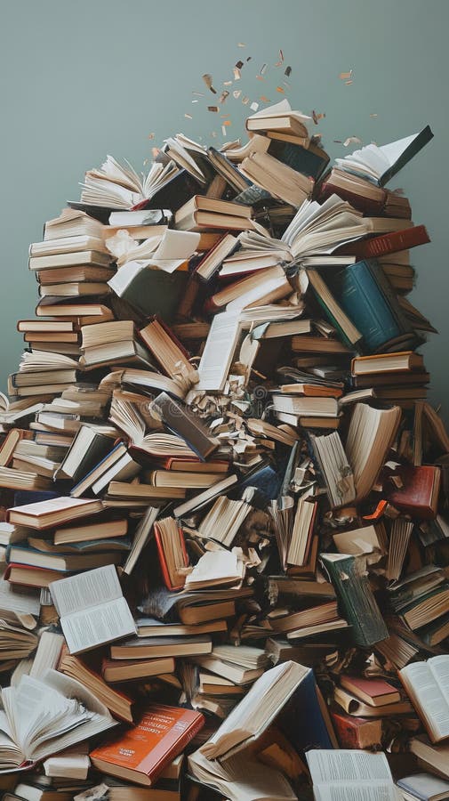 Towering Stack of Open Books with Flying Pages Against a Neutral ...