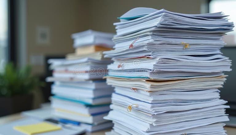 Towering Stack Paperwork Documents Office Setting. Pile of Files ...