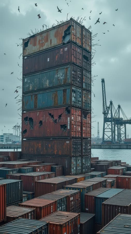 Towering Stack of Rusted Shipping Containers Near Industrial Port with ...