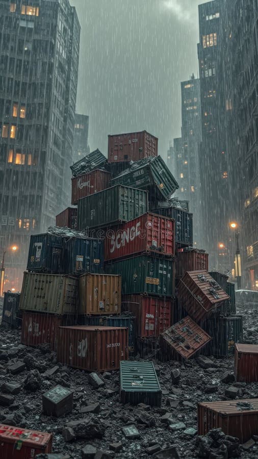 Towering Stack Shipping Containers Rainy Urban Landscape Stock Photos ...