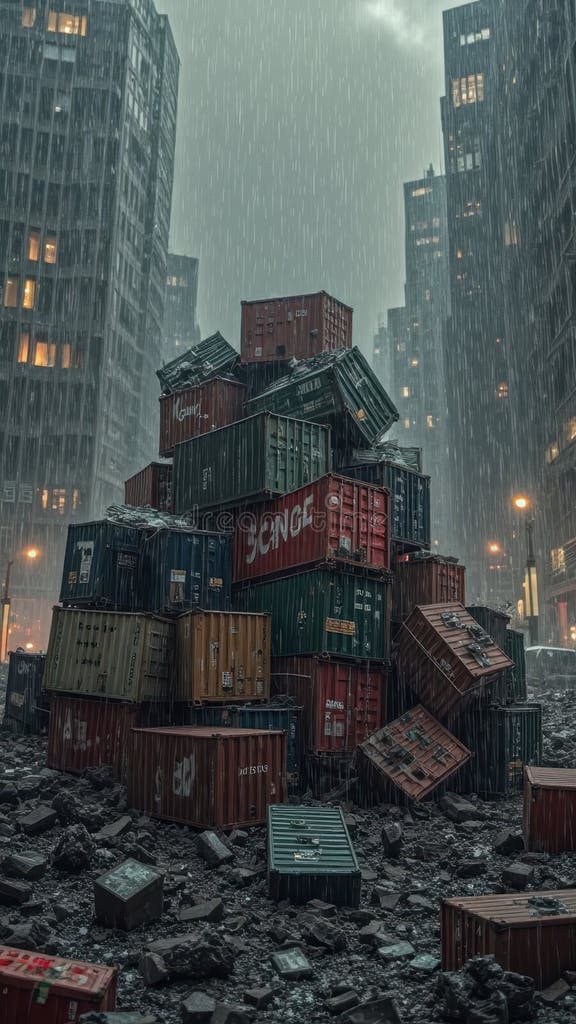 Towering Stack of Shipping Containers in a Rainy Urban Landscape Stock ...