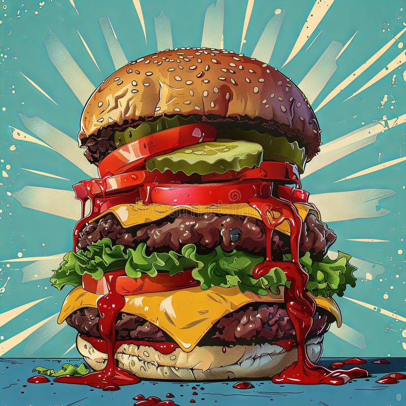 A Towering Stack of Vegetables and Cheese with Ketchup Dripping Down ...