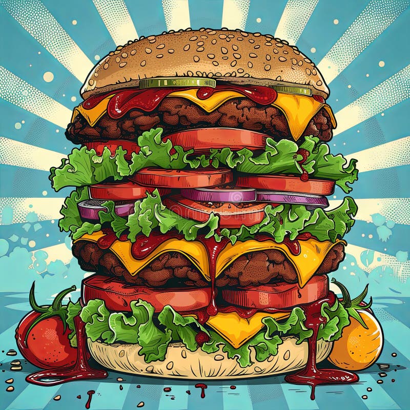 A Towering Stack of Vegetables and Cheese with Ketchup Dripping Down ...