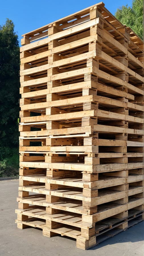 Towering Stack of Wooden Pallets in an Industrial Outdoor Setting Stock ...
