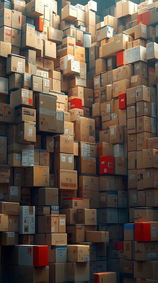 Towering Stacks of Boxes with Shipping Labels in a Dimly Lit Warehouse ...