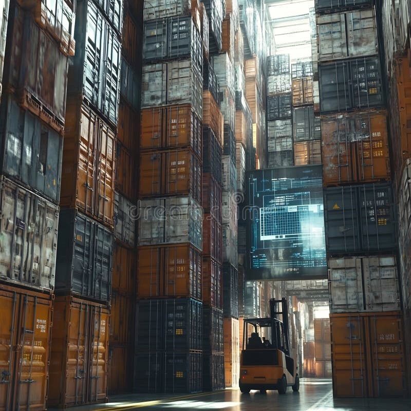 Towering Stacks of Cargo Containers in an Industrial Warehouse Facility ...