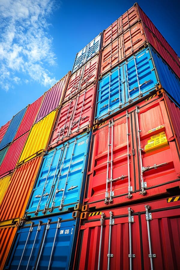 Towering Stacks Colorful Shipping Containers Under a Bright Blue Sky in the Global Supply ...