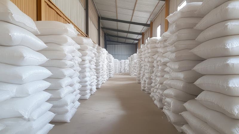 Towering Stacks of White Sacks in a Warehouse, Storage, Inventory, and ...