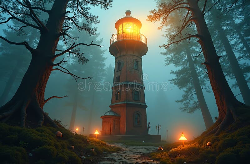 AI-Generated Steam Lighthouse in a Dark Forest Stock Illustration ...