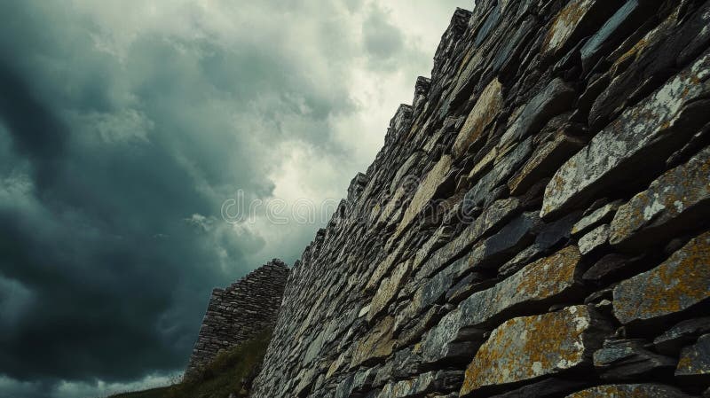 Towering Stone Walls of a Fortress Against a Dramatic Cloudy Sky Stock ...