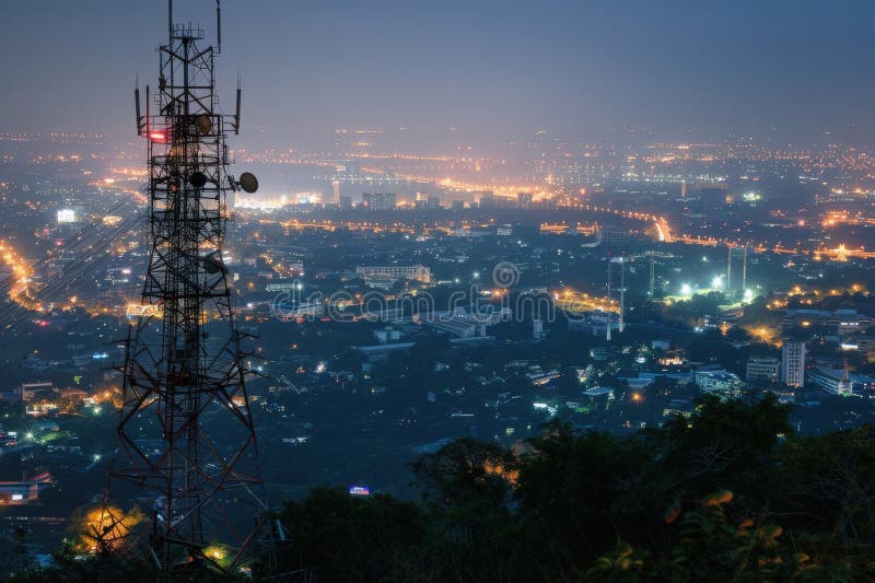 Cityscape Lights and a Tall Tower at Night Stock Illustration ...