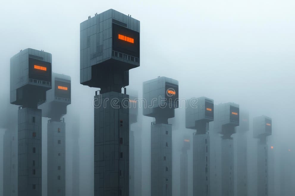 Towering Structures Emerge from Thick Fog with Glowing Windows at Dusk ...