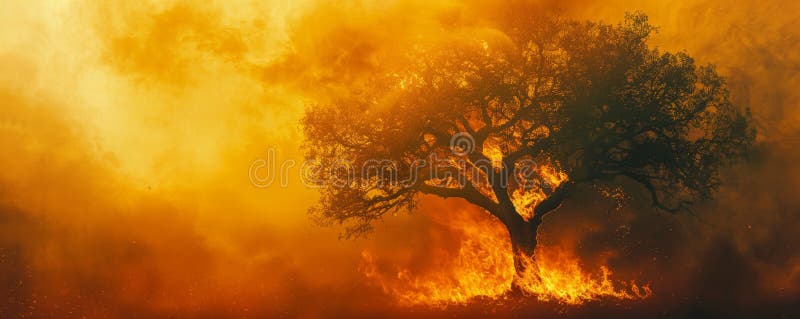 A Towering Tree on Fire, with Bright Flames and Dense Smoke Rising ...