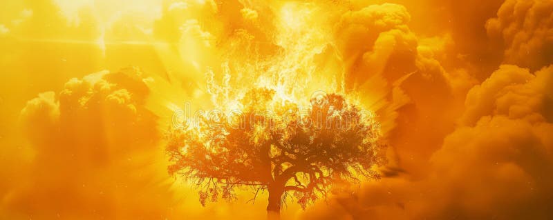A Towering Tree on Fire, with Bright Flames and Dense Smoke Rising ...