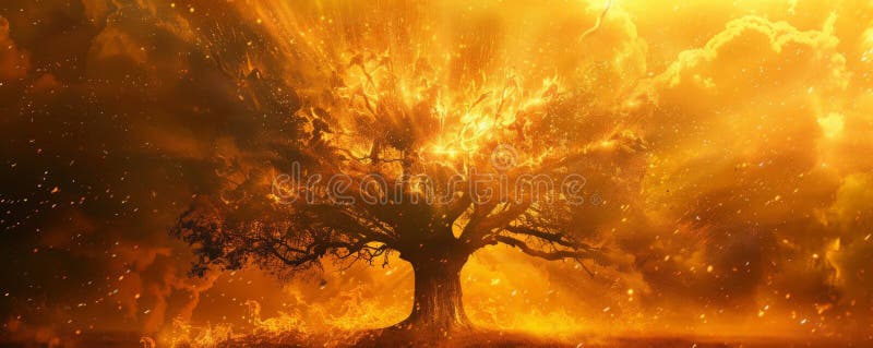 A Towering Tree on Fire, with Bright Flames and Dense Smoke Rising ...