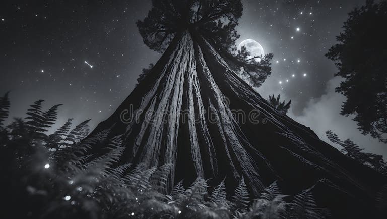 Majestic Giant Redwood Tree at Night Under the Full Moon Stock ...