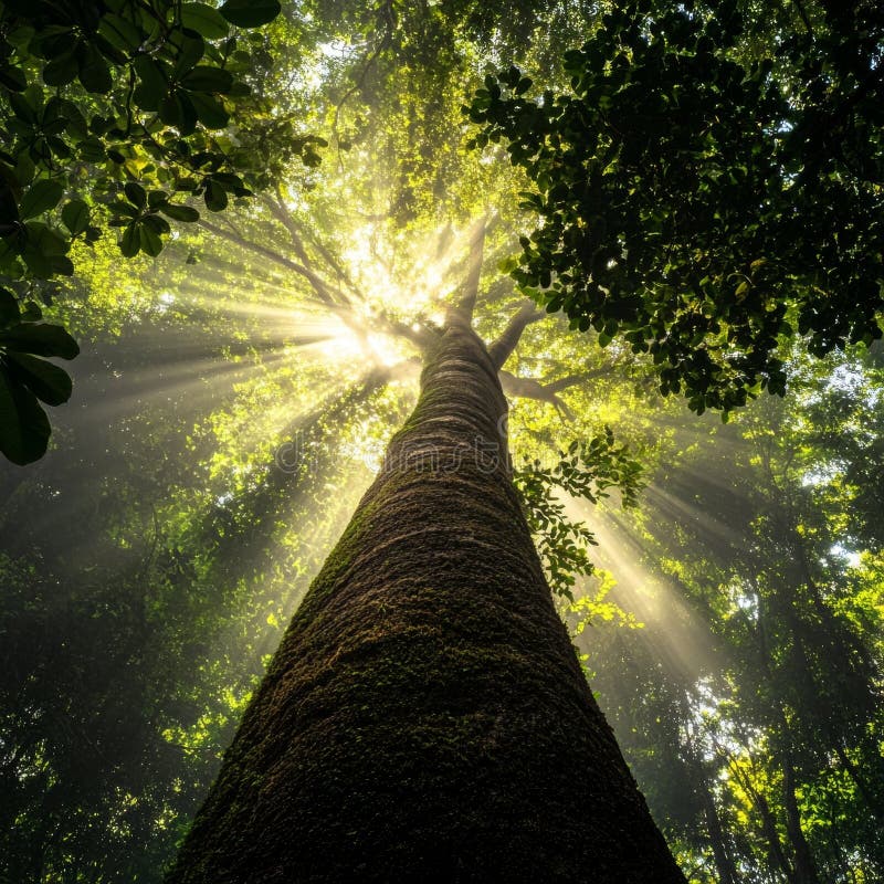 A Towering Tree in a Vibrant Green Forest is Bathed in Sunlight, Making ...