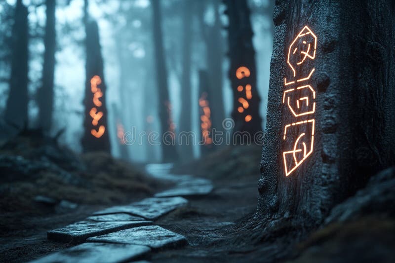 Among Towering Trees in a Deep, Dark Forest, Glowing Cryptic Symbols ...