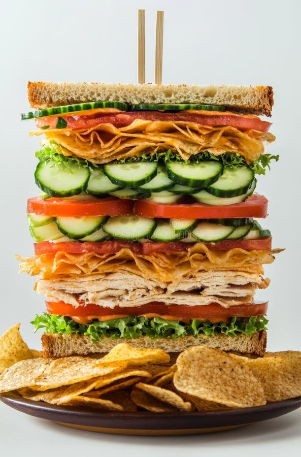 Towering Triple Decker Sandwich with Chips and Fresh Vegetables Stock ...
