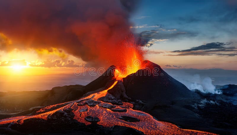 Towering Volcano Erupting Flames and Ash into the Sky Creating a ...