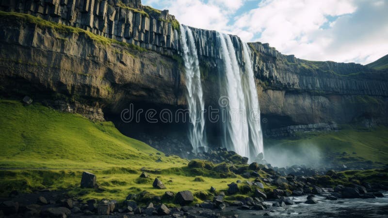 A Towering Waterfall Cascading Down a Cliff Face Stock Illustration ...