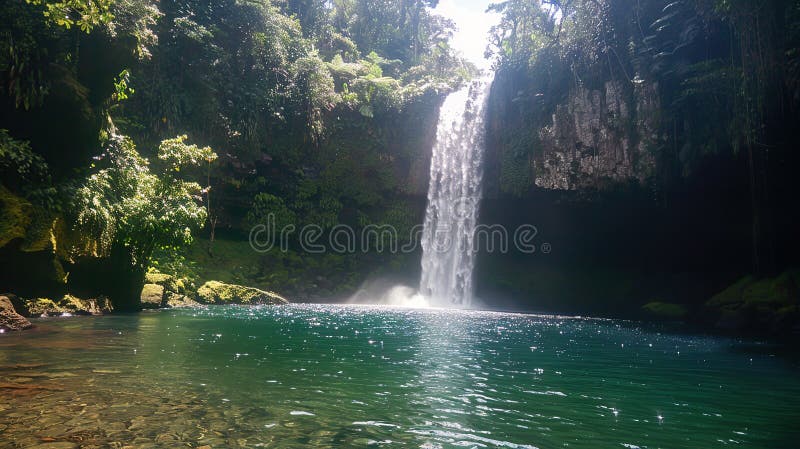 A Towering Waterfall Plummets into a Crystal Clear Pool Below, Its ...