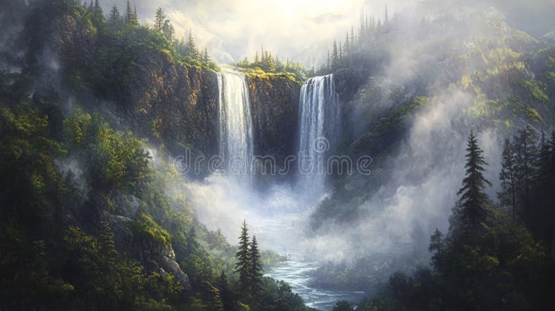 Towering Waterfall Surrounded by Dense Forest with Morning Light ...