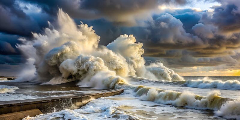 Towering Waves Crash Down on the Shore Amidst Dark and Foreboding ...