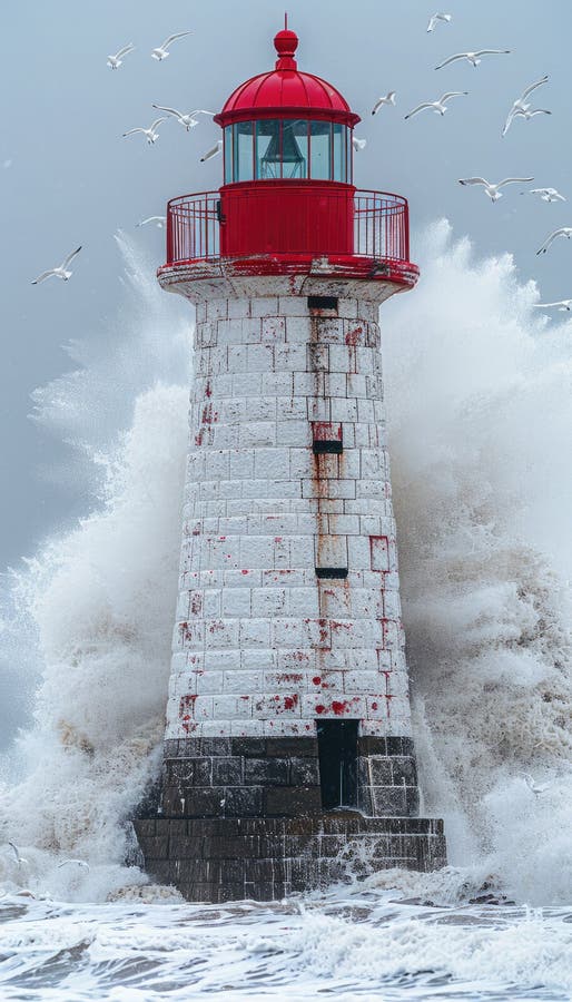 Powerful Ocean Waves Crash Against a Lighthouse during a Stormy Day at ...