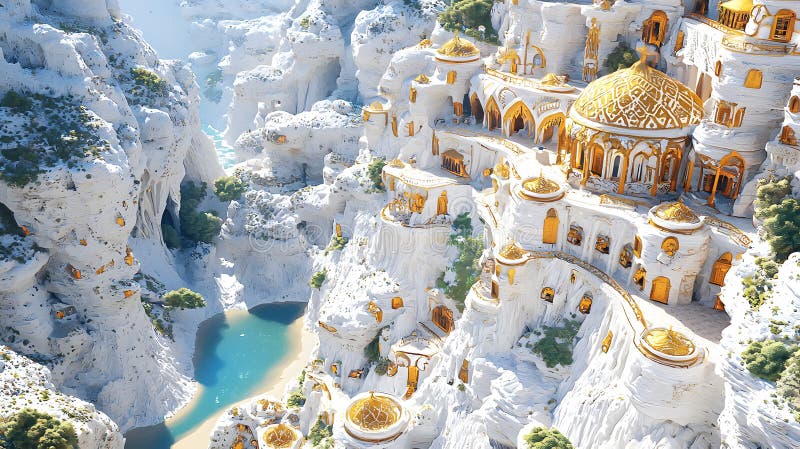 Enchanting White Gold Cliffside City Fantasy Architecture Aerial View ...
