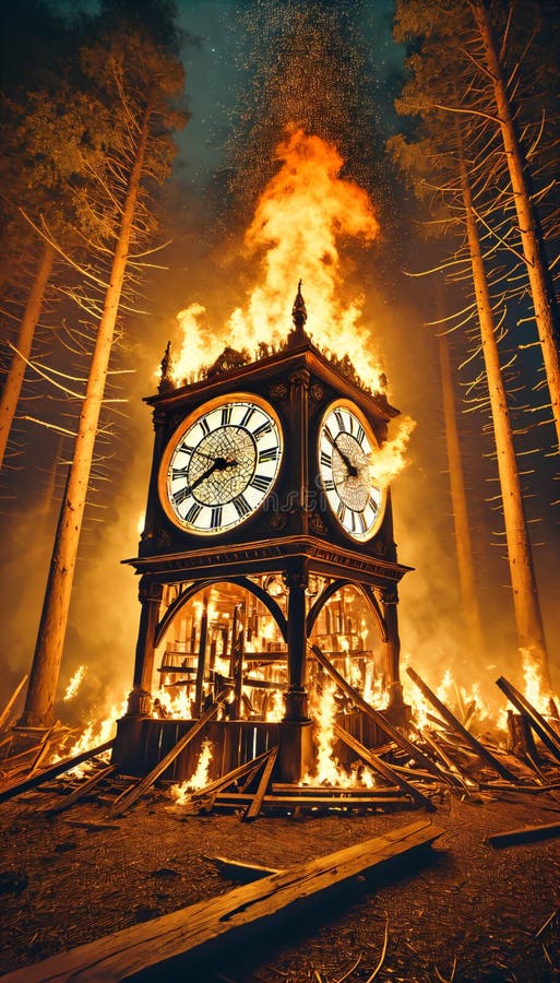 A Burning Clock in the Forest Time Concept Image Stock Illustration ...