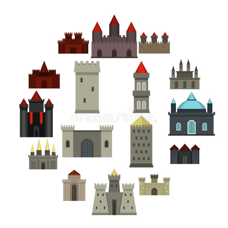 Towers and Castles Icons Set in Flat Style Stock Vector - Illustration ...