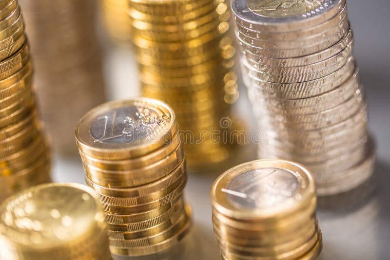 Towers of the Euro Coins Stacked in Different Positions Stock Photo ...