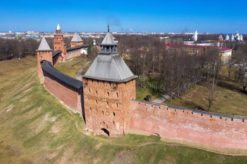 Towers of Novgorod Kremlin in Veliky Novgorod, Russia Stock Photo ...