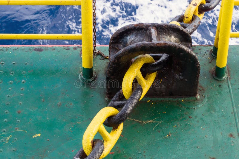 Towing Chain on a Panama Choke of a Construction Work Barge Stock Image ...