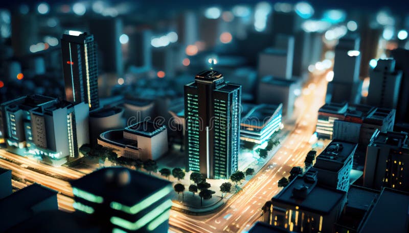 Town Block Model at Night. Texture of Glowing Windows on a City Layout ...